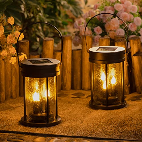 Solar Garden Lanterns Outdoor Hanging Flickering Candle Lights with Raindrop Decorative Mission Lights for Patio Decor, Yard, Table, Pathway 2 Pack