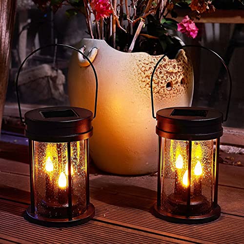 Solar Garden Lanterns Outdoor Hanging Flickering Candle Lights with Raindrop Decorative Mission Lights for Patio Decor, Yard, Table, Pathway 2 Pack