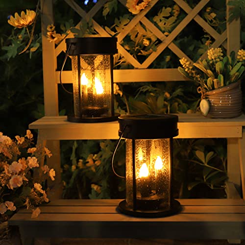 Solar Garden Lanterns Outdoor Hanging Flickering Candle Lights with Raindrop Decorative Mission Lights for Patio Decor, Yard, Table, Pathway 2 Pack