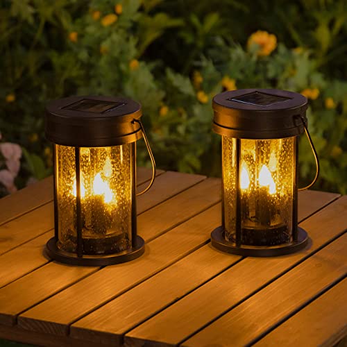 Solar Garden Lanterns Outdoor Hanging Flickering Candle Lights with Raindrop Decorative Mission Lights for Patio Decor, Yard, Table, Pathway 2 Pack