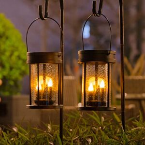 Solar Garden Lanterns Outdoor Hanging Flickering Candle Lights with Raindrop Decorative Mission Lights for Patio Decor, Yard, Table, Pathway 2 Pack