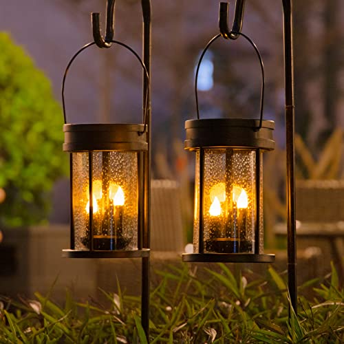 Solar Garden Lanterns Outdoor Hanging Flickering Candle Lights with Raindrop Decorative Mission Lights for Patio Decor, Yard, Table, Pathway 2 Pack