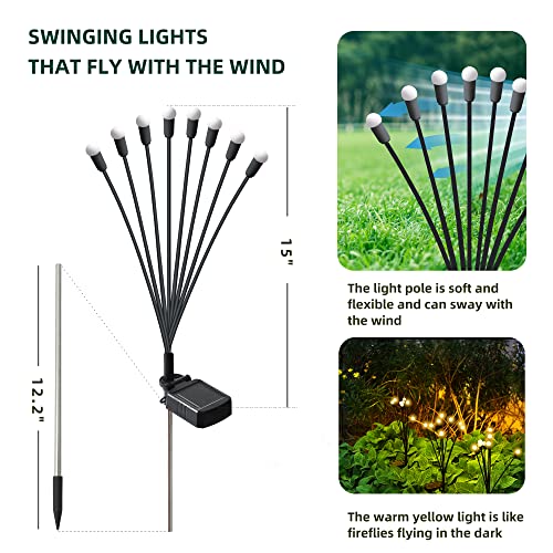 Solar Garden Swing Lights - 8 LED Outdoor Firefly Lights, Waterproof Path Lights, Sway with The Wind, for Yard Pathway Landscape Decor, Warm Yellow (2 Pack)