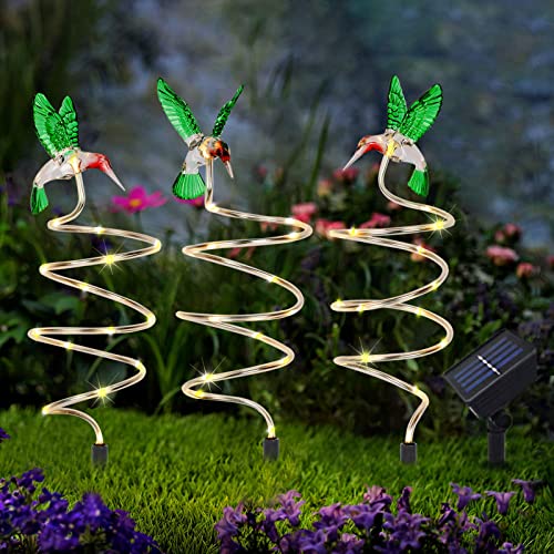 Solar Hummingbird Garden Stake Lights Set of 3, Solar Powered 45 LED Spiral Tree Hummingbird Figurines Decorative Landscape Lighting with 8 Lighting Modes for Path, Yard, Lawn, Halloween, Christmas