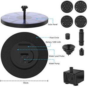 Solar Fountain Pump, SIYIBAEBY 3W Solar Water Pump Fountain Built-in 1200mAh Battery& 6 Nozzles, Floating Water Fountains Pump for Bird Baths, Garden, Fish Tank, Pond, Pool, Aquarium, Patio Outdoor