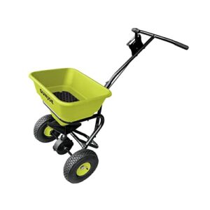 sun joe sj-wbs70 multi-purpose walk-behind spreader, 70 lb. capacity, spreads ice melt, grass seed, weed killer, and more, green