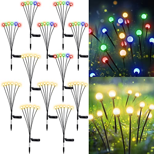 12 Pieces 6 LED Colorful Solar Powered Firefly Lights Solar Lights Outdoor Waterproof Twinkling Mode Firefly Garden Lights for Garden Patio Yard Flowerbed Parties (Colorful and Warm Light, 6 LED)