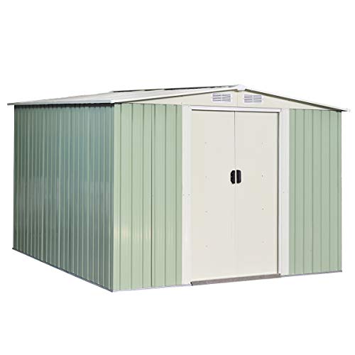 Goplus® Galvanized Steel Outdoor Storage Shed 8.5X 8.5Ft Heavy Duty Tool House W/Sliding Door for Garden Lawn(Light Green)