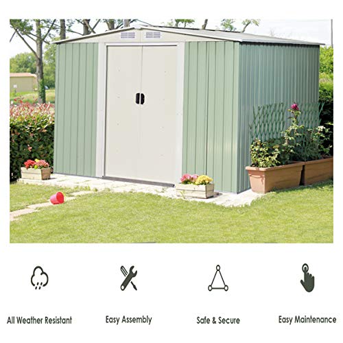 Goplus® Galvanized Steel Outdoor Storage Shed 8.5X 8.5Ft Heavy Duty Tool House W/Sliding Door for Garden Lawn(Light Green)