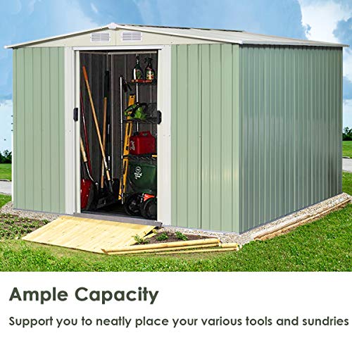 Goplus® Galvanized Steel Outdoor Storage Shed 8.5X 8.5Ft Heavy Duty Tool House W/Sliding Door for Garden Lawn(Light Green)