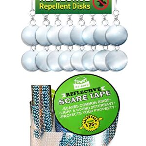 De-Bird Bundle Includes: Scare Tape - Reflective Tape and 8 pk Reflective Repellent Disks to Keep Away Woodpecker, Pigeons, and Protect Plants & Fruit Trees