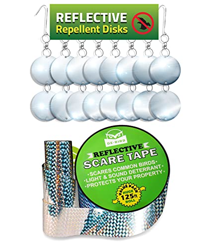 De-Bird Bundle Includes: Scare Tape - Reflective Tape and 8 pk Reflective Repellent Disks to Keep Away Woodpecker, Pigeons, and Protect Plants & Fruit Trees