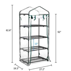 Greenhouse 4 Tier Mini Greenhouse 63x28x20 in Portable Garden Green House, with Zippered PVC Cover, Metal Shelves for Garden Yard Patio Indoor Outdoor, Extra Hooks Wind Ropes 8 Net Rack Buckles