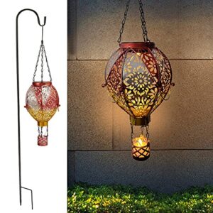 hot air balloon solar lantern – solar pathway lights outdoor waterproof shepherd hook with hanging decorative metal led lantern solar lights for garden patio pathway yard porch decor