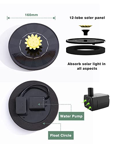 Xinhong 1.4W Solar Bird Bath Fountain, Solar Fountain Pump for Bird Bath with 6 Petal Nozzles, Solar Powered Fountain Pump Outdoor Watering Submersible Pump for Pond, Pool, Garden, Fish Tank