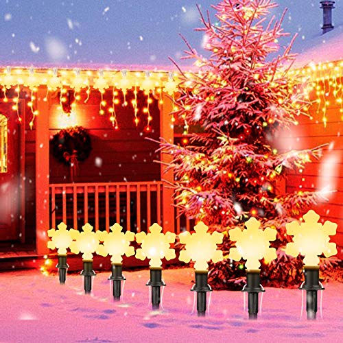 Christmas Snowflake Pathway Lights Outdoor, 14.3ft Plug in Walkway Lights Stake, Landscape Path Lights String for Christmas Lawn Garden Yard Decor, Hangable, Connectable, IP67 Waterproof, Warm White