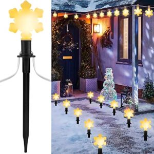 Christmas Snowflake Pathway Lights Outdoor, 14.3ft Plug in Walkway Lights Stake, Landscape Path Lights String for Christmas Lawn Garden Yard Decor, Hangable, Connectable, IP67 Waterproof, Warm White