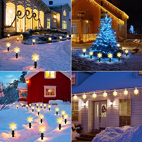 Christmas Snowflake Pathway Lights Outdoor, 14.3ft Plug in Walkway Lights Stake, Landscape Path Lights String for Christmas Lawn Garden Yard Decor, Hangable, Connectable, IP67 Waterproof, Warm White