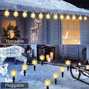 Christmas Snowflake Pathway Lights Outdoor, 14.3ft Plug in Walkway Lights Stake, Landscape Path Lights String for Christmas Lawn Garden Yard Decor, Hangable, Connectable, IP67 Waterproof, Warm White