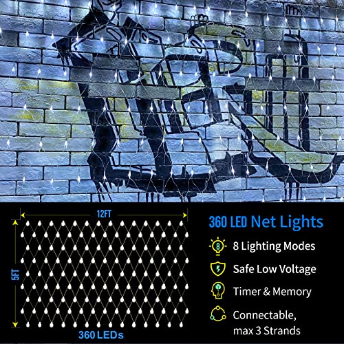 12ft x 5ft Christmas Lights Outdoor, 360 LED Net Lights with 8 Modes, Connectable, Plug in Bush Mesh Lights Christmas Fairy Twinkle Lights for Garden, Party, Xmas Tree Decorations (White)