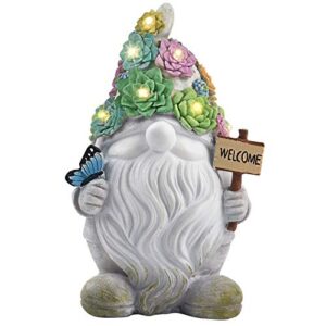 gnome garden statues outdoor decor, solar gnome figurines lights for garden decoration yard art gifts with 10 warm white leds