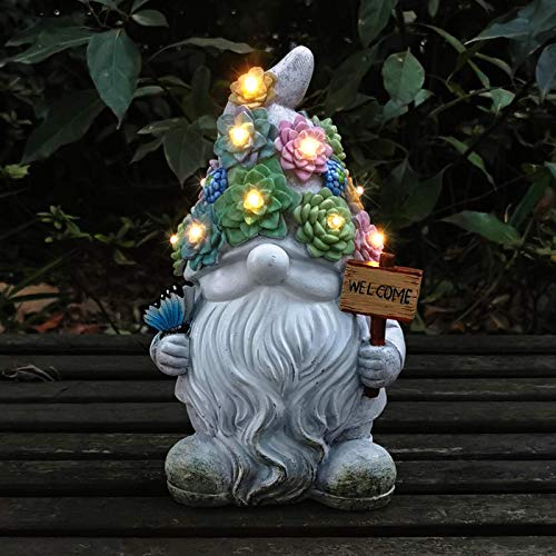 Gnome Garden Statues Outdoor Decor, Solar Gnome Figurines Lights for Garden Decoration Yard Art Gifts with 10 Warm White LEDs