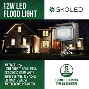 GKOLED 12W Outdoor Waterproof LED Garden Security Floodlight, 900Lumens, 80CRI, 2700K, 9-15V AC/DC, 1/2 Knuckle Mount, UV Resistant