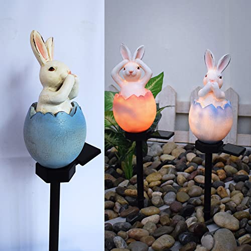 FIALAME Rabbit Garden Ornaments Outdoor Solar Pathway Lights, Bunny Resin Figurine Lamp for Courtyard Lawn, Garden Decoration Gifts (Blue)