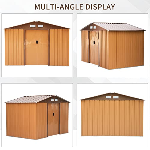 Outsunny 9' x 6' Metal Storage Shed Garden Tool House with Double Sliding Doors, 4 Air Vents for Backyard, Patio, Lawn Brown