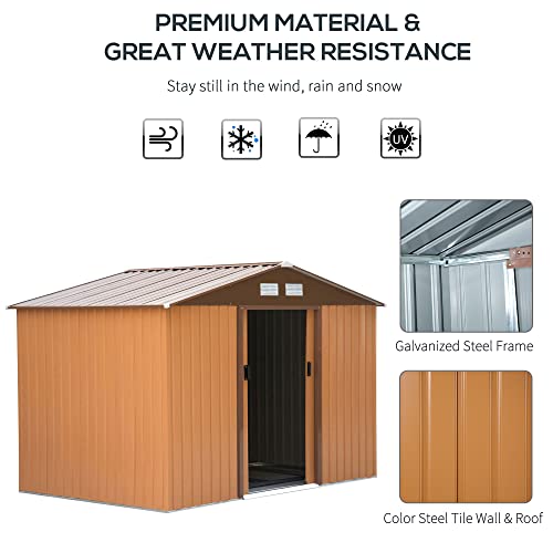 Outsunny 9' x 6' Metal Storage Shed Garden Tool House with Double Sliding Doors, 4 Air Vents for Backyard, Patio, Lawn Brown