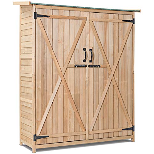 Goplus Outdoor Storage Cabinet, Wooden Garden Shed with Double Lockable Doors & Lean-to Roof, Vertical Tool Organizer for Backyard Patio Deck