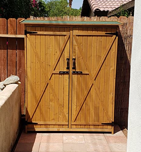 Goplus Outdoor Storage Cabinet, Wooden Garden Shed with Double Lockable Doors & Lean-to Roof, Vertical Tool Organizer for Backyard Patio Deck