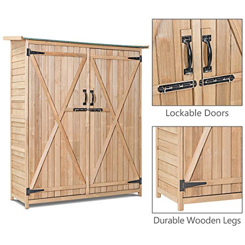 Goplus Outdoor Storage Cabinet, Wooden Garden Shed with Double Lockable Doors & Lean-to Roof, Vertical Tool Organizer for Backyard Patio Deck