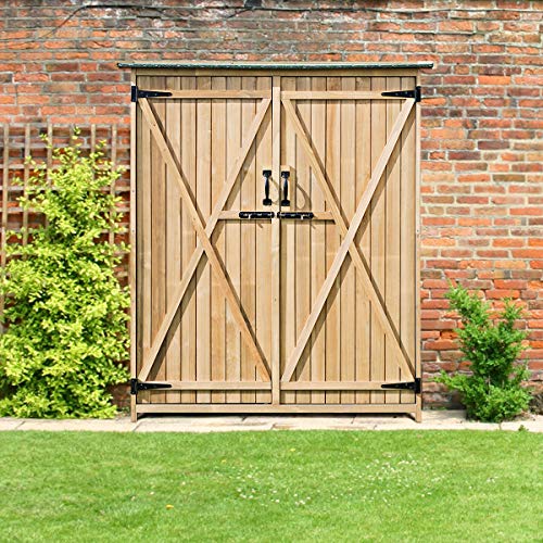 Goplus Outdoor Storage Cabinet, Wooden Garden Shed with Double Lockable Doors & Lean-to Roof, Vertical Tool Organizer for Backyard Patio Deck