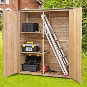 Goplus Outdoor Storage Cabinet, Wooden Garden Shed with Double Lockable Doors & Lean-to Roof, Vertical Tool Organizer for Backyard Patio Deck