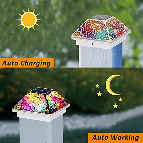 2PK Solar Post Lights Outdoor, Mosaic Post Cap Light for Fence Deck or Patio Solar Powered Caps Fit 3.5x3.5 4x4 Wooden or Vinyl Plastic Post 8 SMD LED Christmas Decorations for Yard, Backyard, Garden