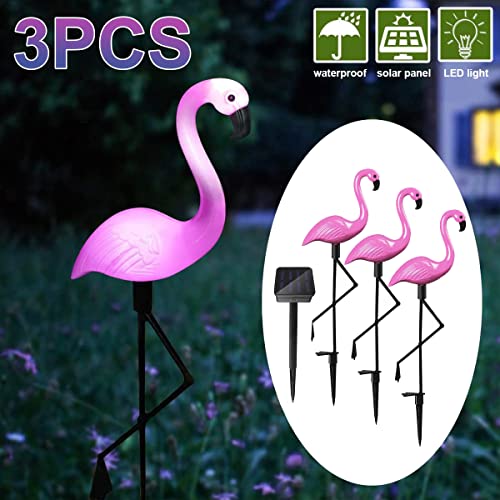 Flamingo Garden Solar Lights 3 Pieces Waterproof and Solar Powered Outdoor Decorative Stake Pink Lights for Pathway Lawn Yard Landscape Path Christmas Decorations Gifts