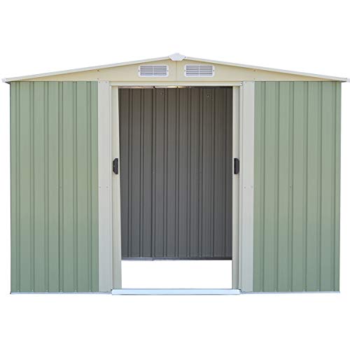 Goplus Outdoor Storage Shed Galvanized Steel Garden Tool House w/Sliding Door, 10 x 8ft (Green)