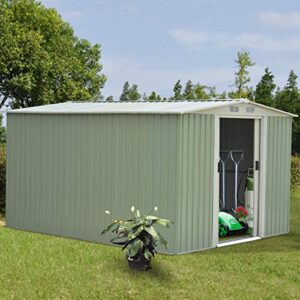 Goplus Outdoor Storage Shed Galvanized Steel Garden Tool House w/Sliding Door, 10 x 8ft (Green)