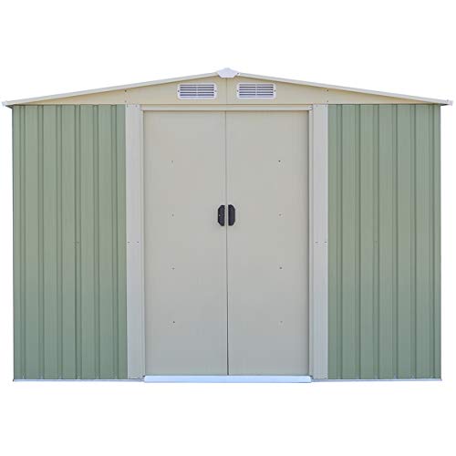 Goplus Outdoor Storage Shed Galvanized Steel Garden Tool House w/Sliding Door, 10 x 8ft (Green)