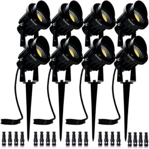 eleglo 12w low voltage led landscape lights,12v/24v ac/dc landscape lighting ip65 waterproof outdoor soptlight ultra bright 3000k for garden,yard,patio,wall,lawn,pool spotlight(8 pack with connector)