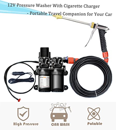 12V Pressure Washer, 130 PSI Portable Pressure Washer with 30Ft Hose, Portable Power Washer for Cars, Home, Garden, Vehicles (Double Pump)