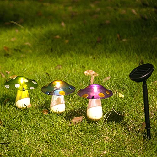 Adeco Solar Garden Lights Outdoor Set of 3 Mini Mushroom Solar String Lights Thickened Glass Solar Powered Stake Lights Waterproof Decoration Lights for Garden, Backyard, Lawn, Pathway, Party