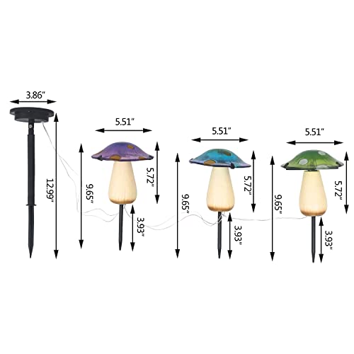 Adeco Solar Garden Lights Outdoor Set of 3 Mini Mushroom Solar String Lights Thickened Glass Solar Powered Stake Lights Waterproof Decoration Lights for Garden, Backyard, Lawn, Pathway, Party