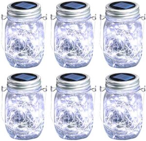 nintiue mason jar solar lights, 6 pack 30 leds fairy lights with jars and hangers, ipx6 waterproof hanging solar lights outdoor, decorative solar lanterns for garden fence patio wedding