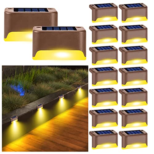 K.E.J. Solar Deck Lights Outdoor,LED Step Light Waterproof Landscape Lighting for Stairs,Step,Fence,Yard,Patio,Driveway,Pathway,Yard,Backyard and Garden (16 Pack, Brown)