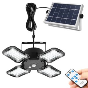 solar pendant light outdoor/indoor, 128 led 1000lm solar shed light 4-leaf 120° adjustable motion sensor solar light with remote, ip65 waterproof solar security light for garage garden gazebo porch