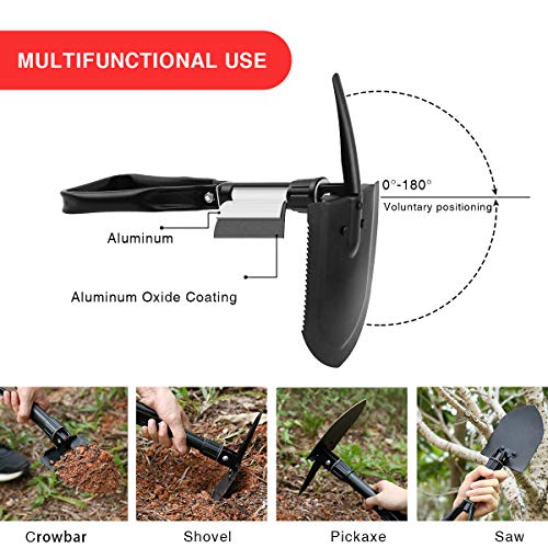 Behandy Folding Shovel, Collapsible Shovel for Car Snow, Camping Shovel and Pickax, Military Entrenching Tool for Gardening, Camping, Digging Dirt, Sand, Snow, Off Road, Portable Car Emergency kit