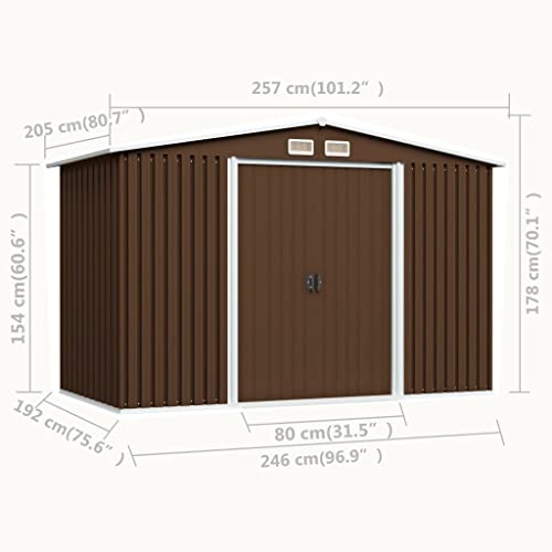 Garden Metal Storage Shed | Outdoor Tool Shed Storage Room with Vents | Storage Sheds with Door for Outside Patio Backyard Yard Lawn | Brown Galvanized Steel 101.2" x 80.7" x 70.1"