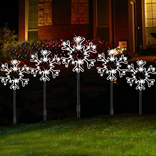 5 Pieces Christmas Snowflake Pathway Lights, Snowflake Pathway Markers Total 120 Cool White LEDs Christmas Outdoor Landscape Fairy Light Power Operated for Pathway Walkway Garden Lawn Patio Decoration